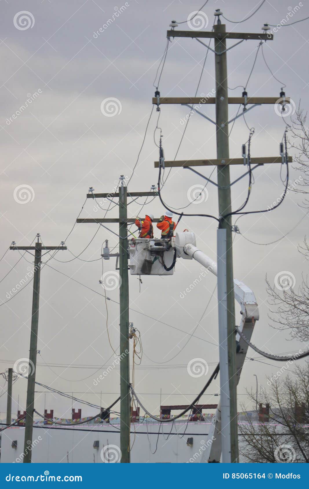 Technicians Working on a City Electric Grid Stock Photo - Image of lift ...