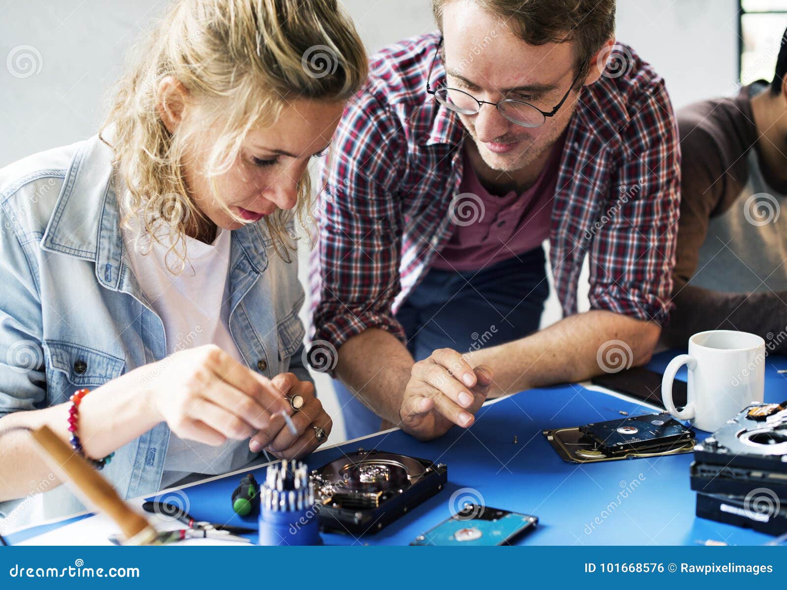 Technicians Working on Computer Hard Disk Stock Photo - Image of ...