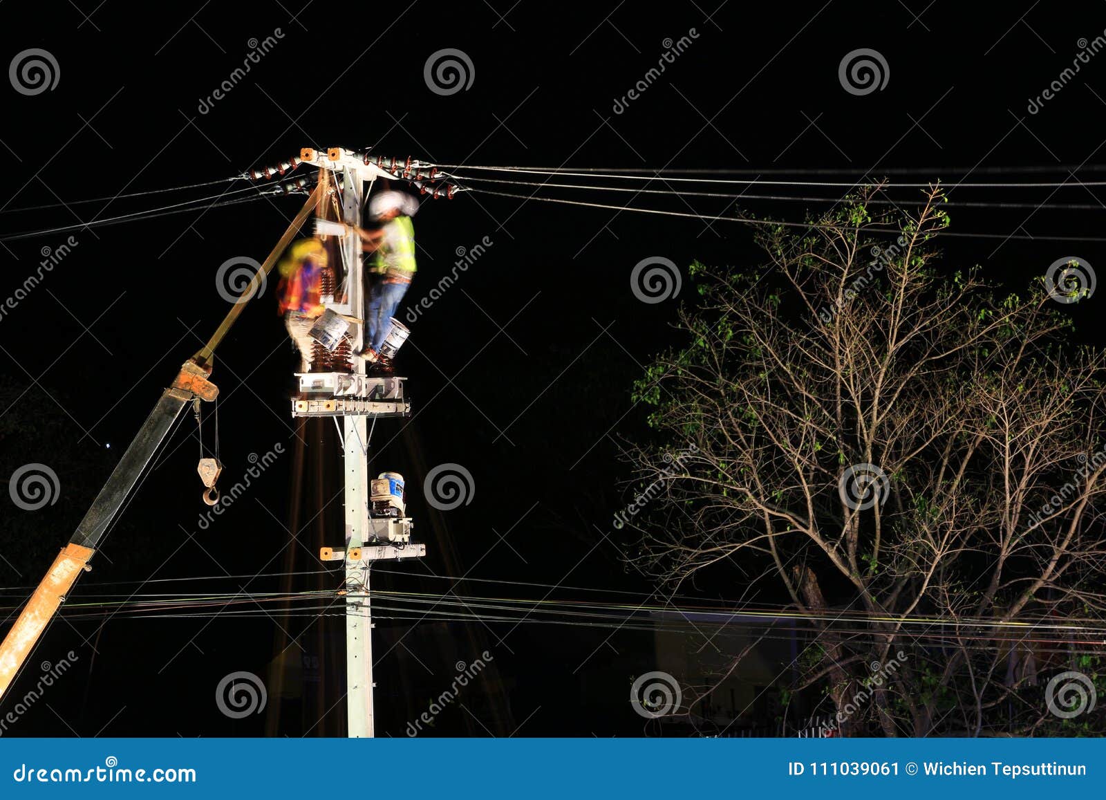 Technicians Working on Electrical Pole at Night Stock Image - Image of ...