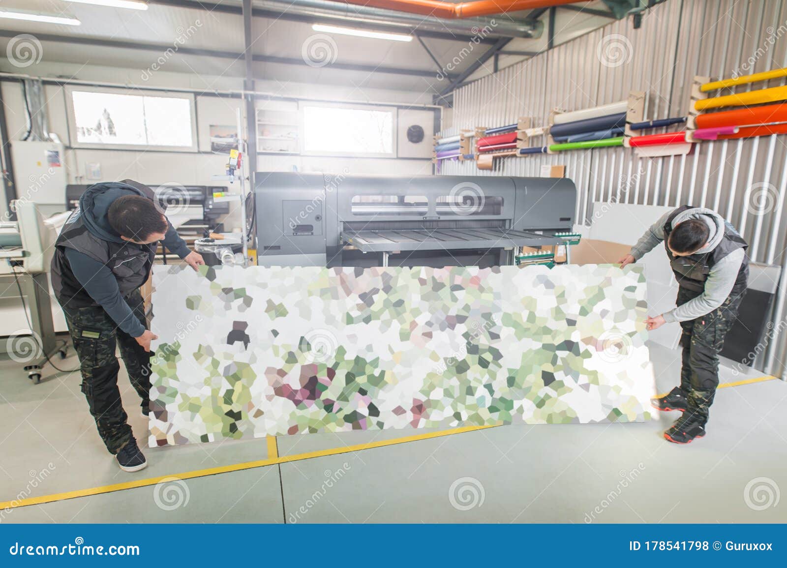 Technicians Works in Large Printing Press Hall and Printshop Office ...
