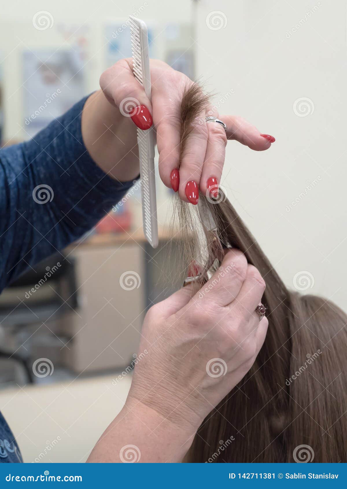 The Technique of Cutting Hair with Scissors. Stock Image - Image of ...