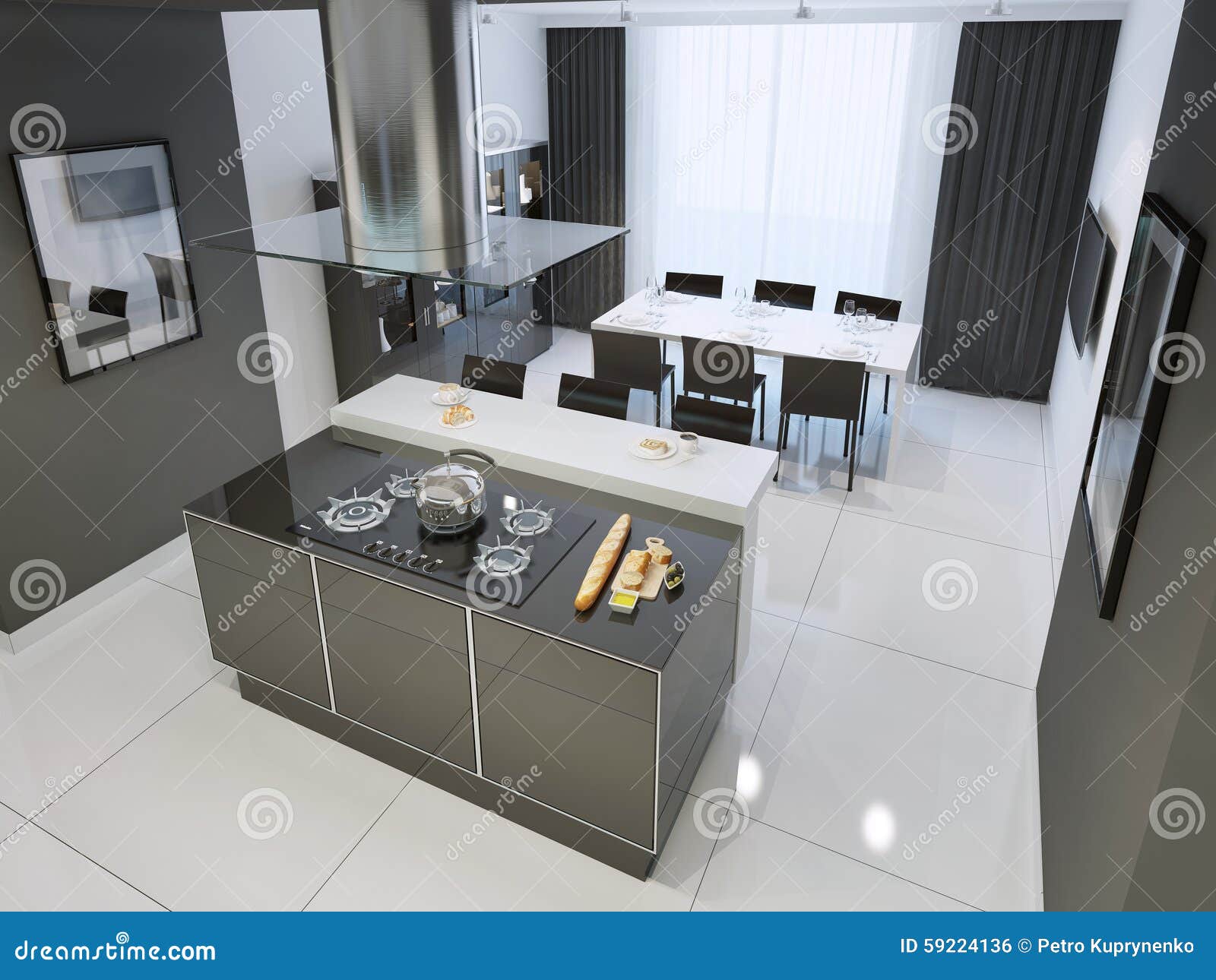 Techno Black and White Kitchen Interior with White Flooring Stock Photo ...