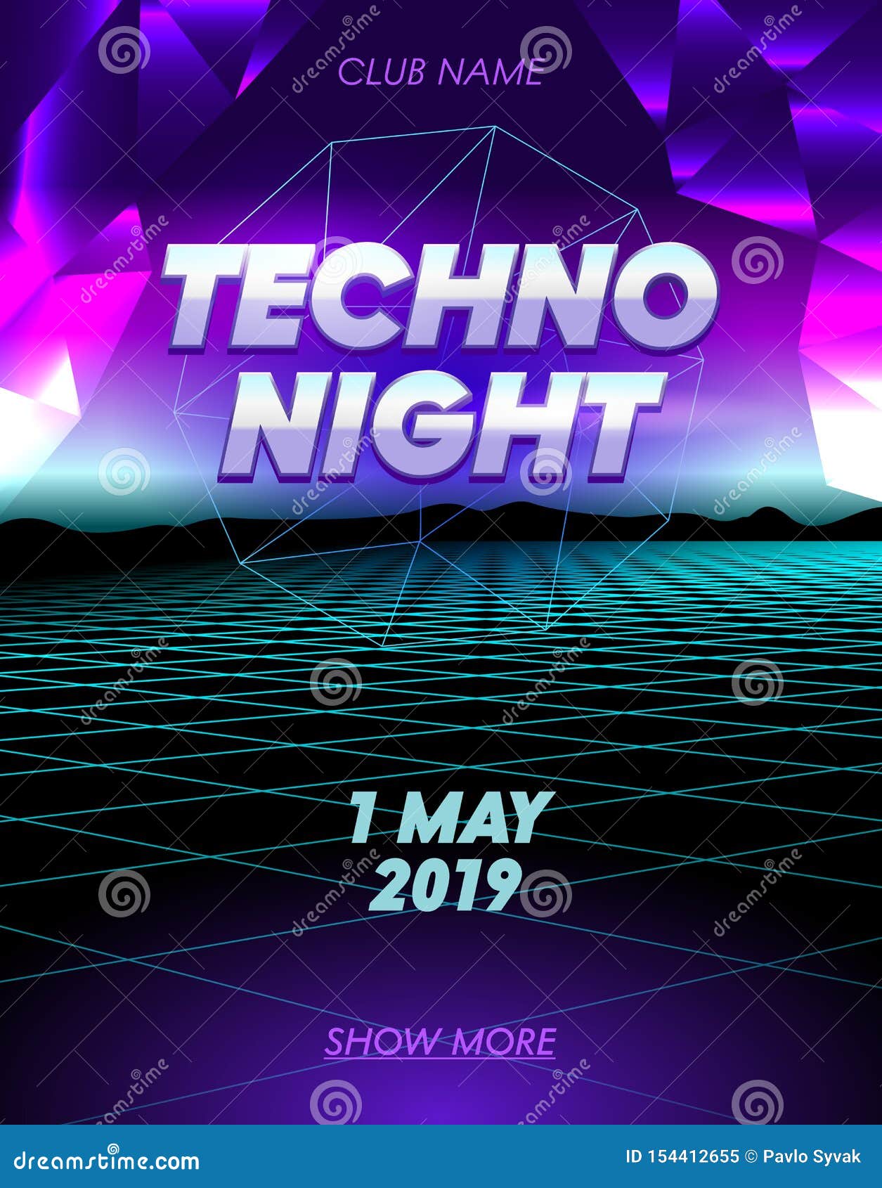 Techno Night Banner with Typography, Club Party Poster on Synthwave ...