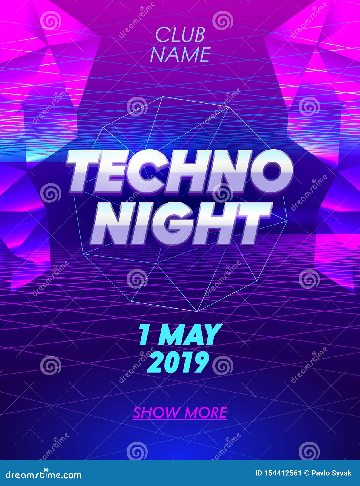 Techno Night Banner with Typography on Synthwave Neon Grid Futuristic ...