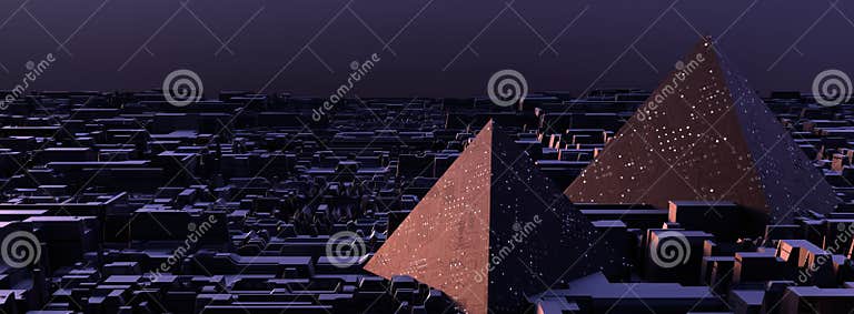Techno Pyramids at Purple Sunset Background Stock Illustration ...
