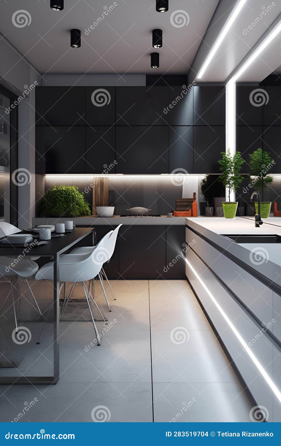Techno Style Kitchen Interior in Luxury House Stock Illustration ...