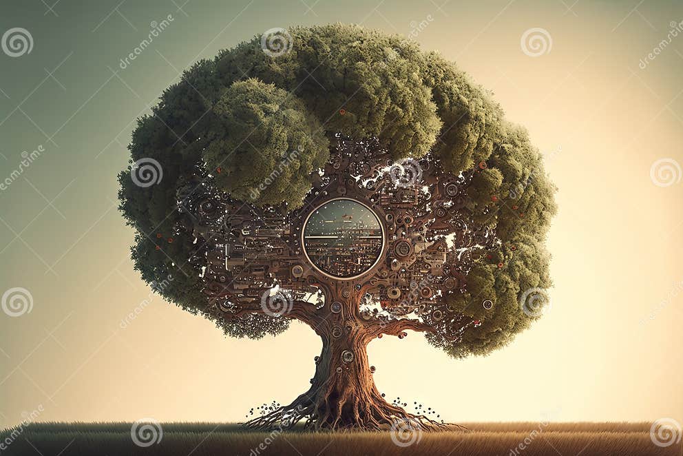 Techno Tree of the Future Illustration Generative Ai Stock Illustration ...