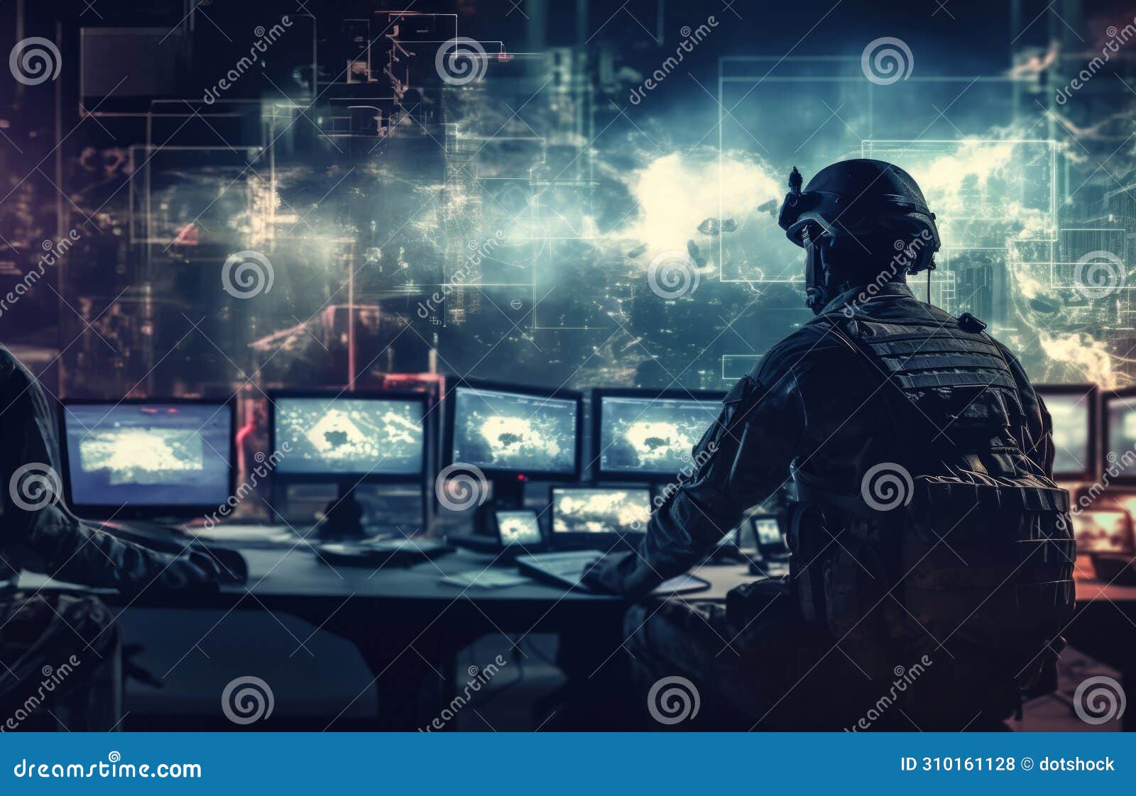 Techno-Warfare Professional Soldier Engaged with Combat Holograms on ...