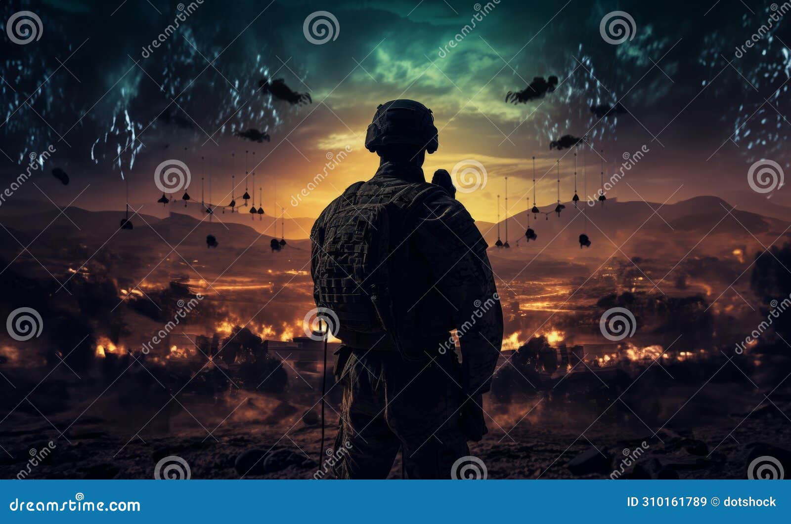 Techno-Warfare Professional Soldier Engaged with Combat Holograms on ...