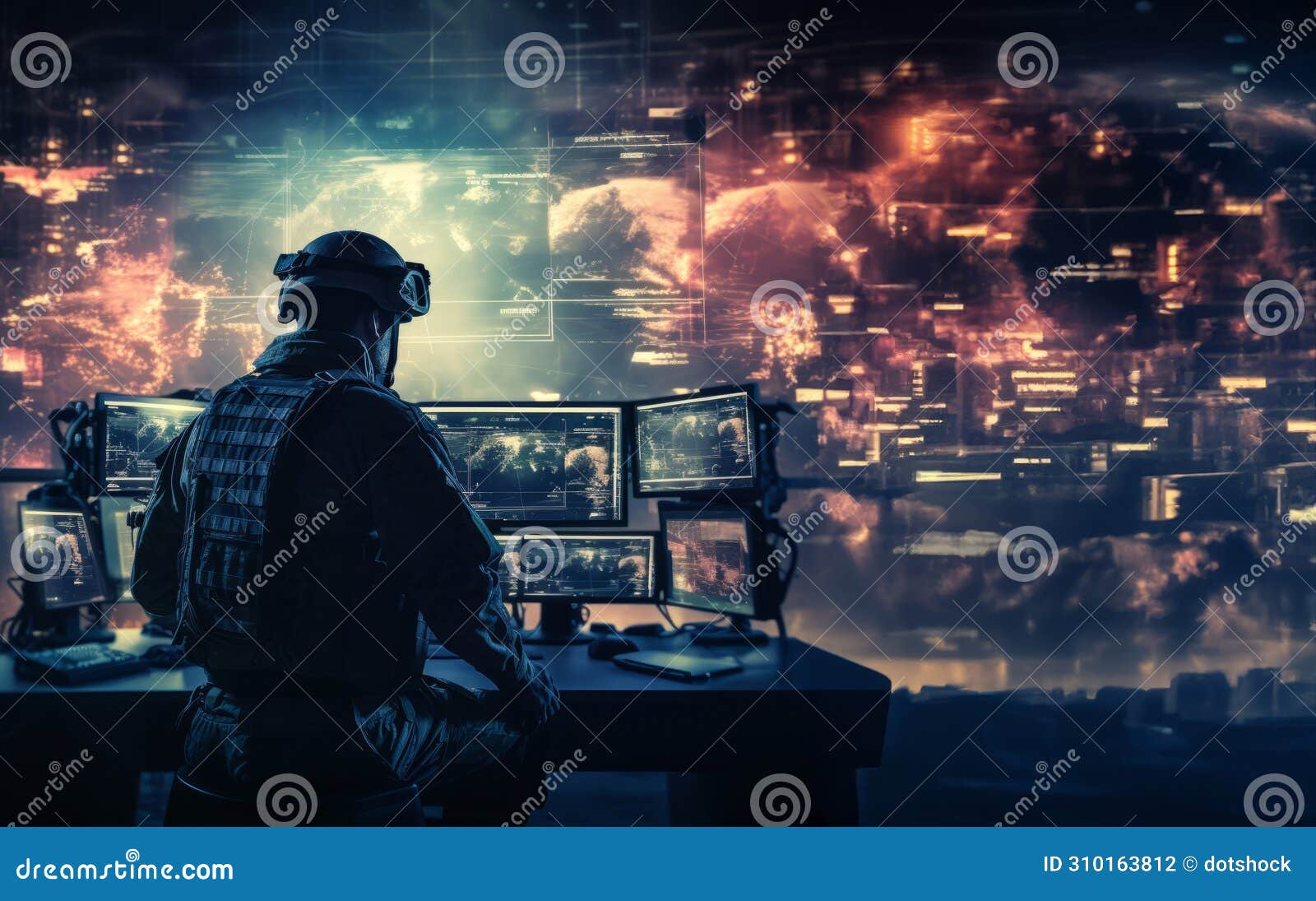 Techno-Warfare Professional Soldier Engaged with Combat Holograms on ...