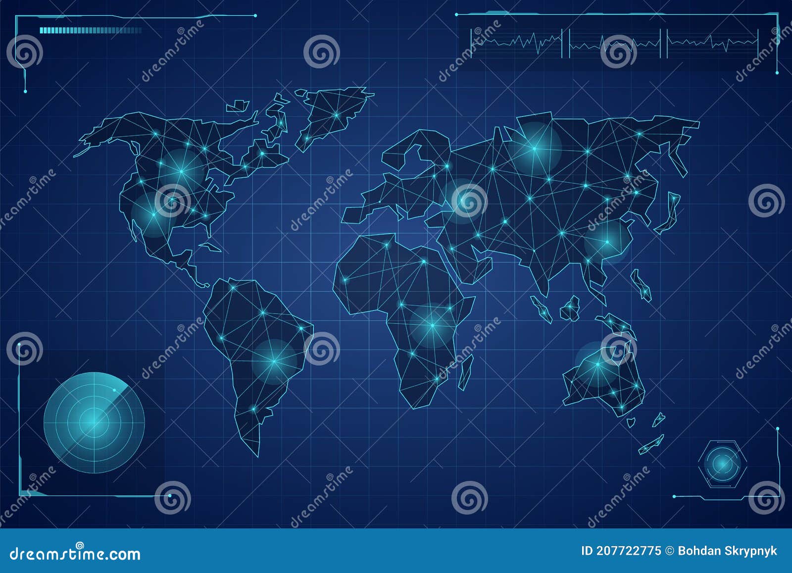 Techno World Map. Digital Continents with Rays Meredians and Ocean Grid ...