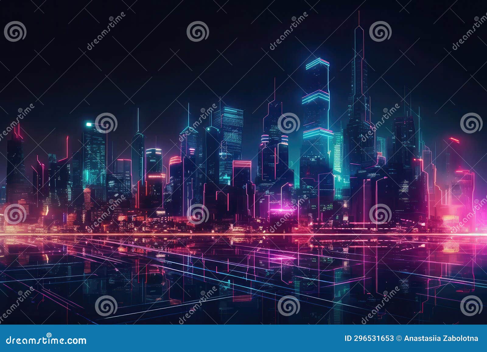 Technological City Skyline Illuminated with Neon Lighting. Generative ...