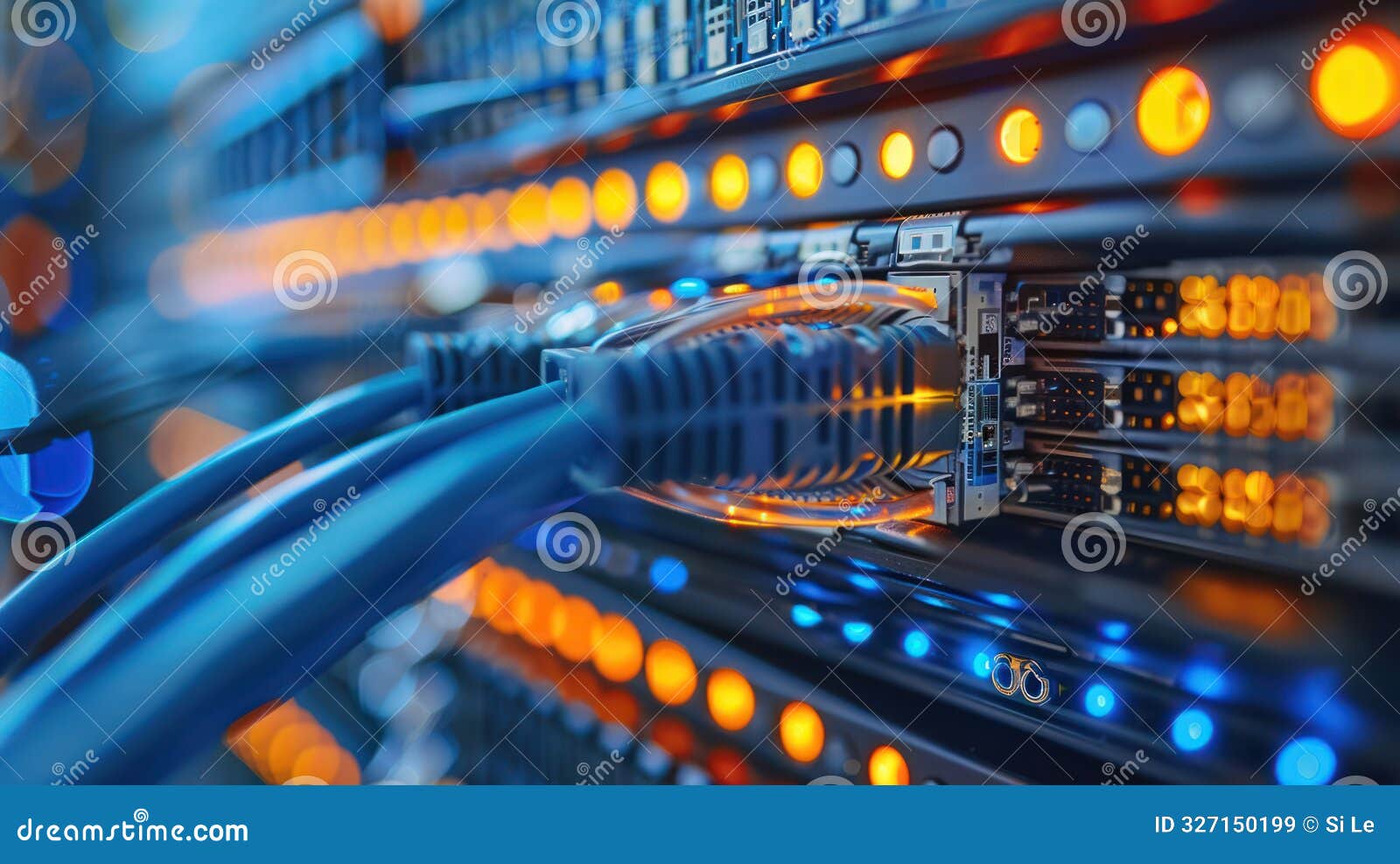 Blurred Data Center Background with Close-up of Network Switch and Blue ...