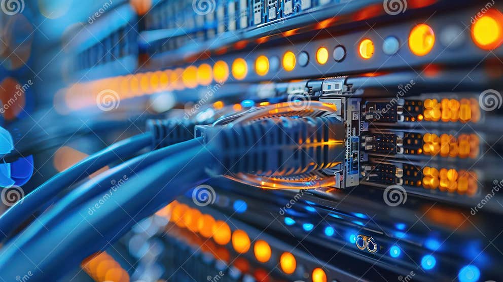 Blurred Data Center Background with Close-up of Network Switch and Blue ...