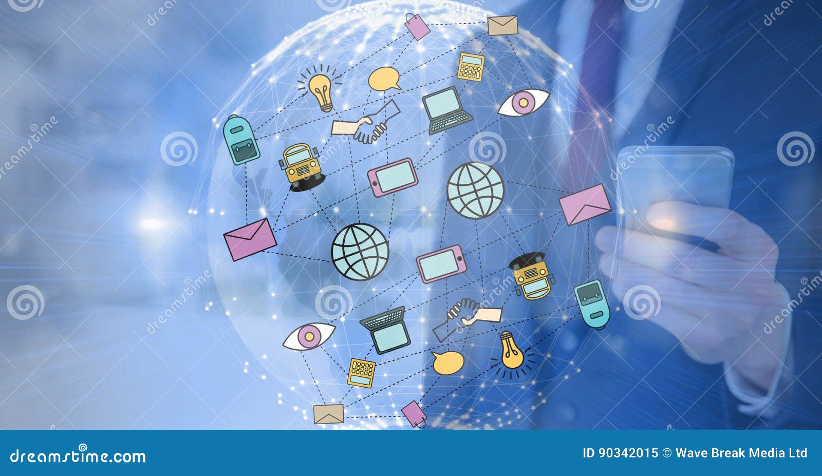 Technological Graphic with 3D Earth and Man with Mobile Background ...