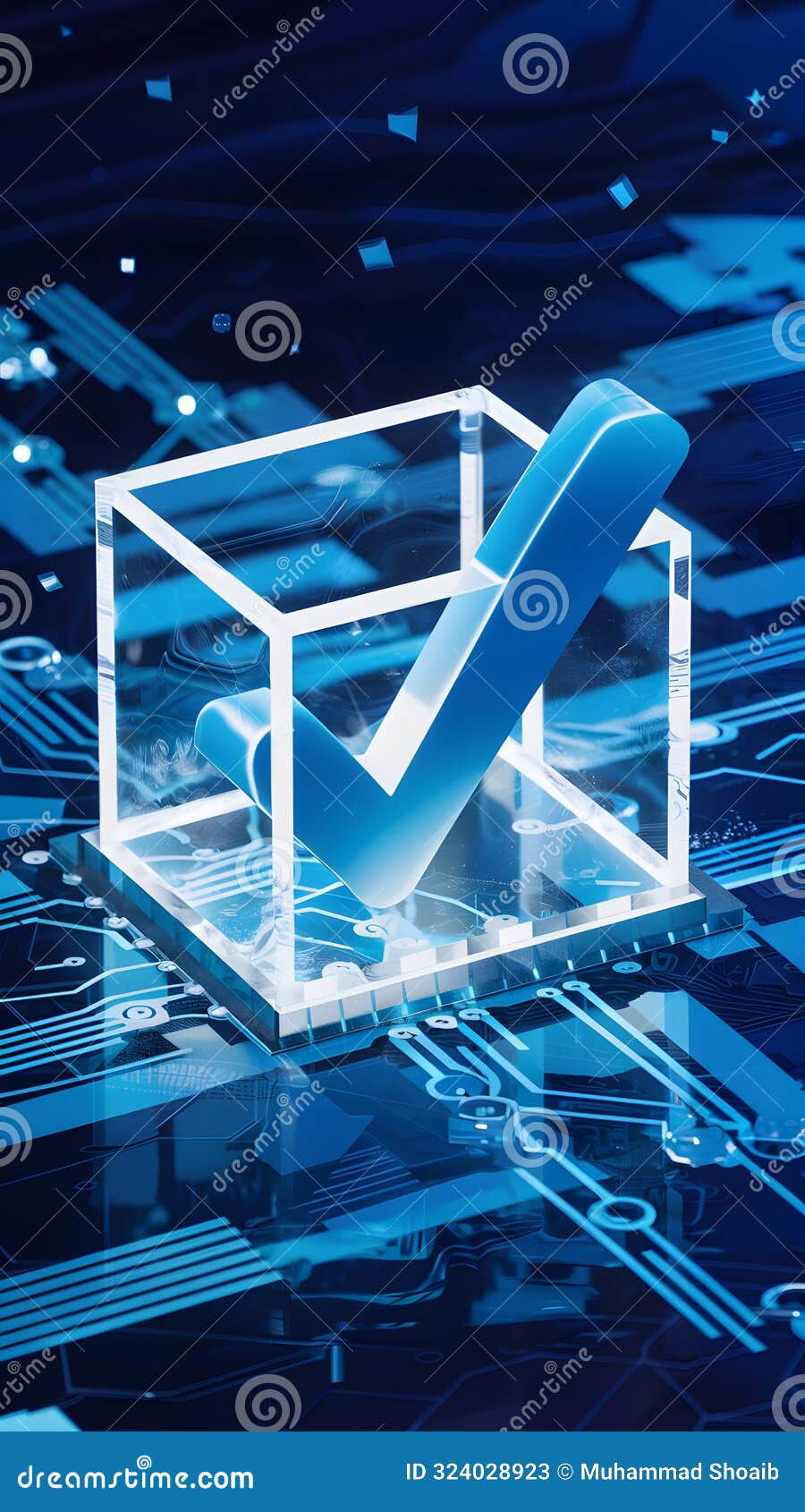 Technological Image Checkmark in Transparent Cube Amid Intricate Blue ...