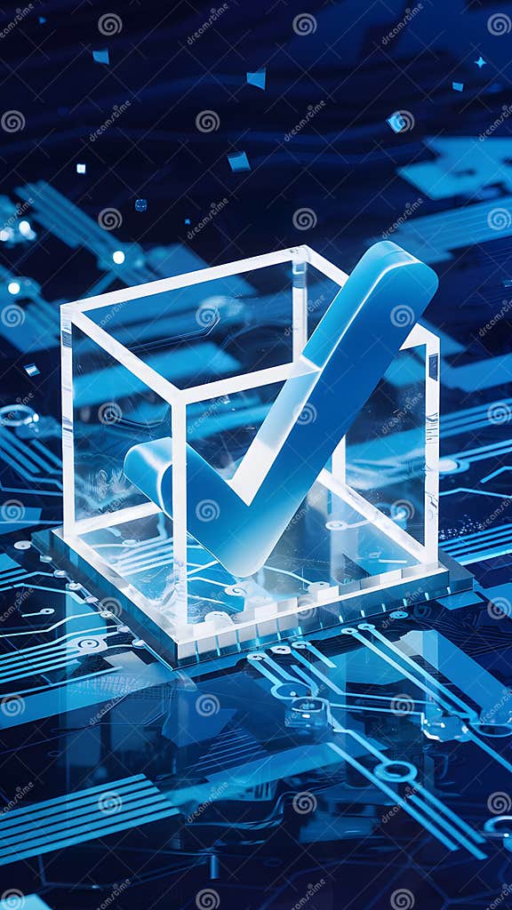 Technological Image Checkmark in Transparent Cube Amid Intricate Blue ...