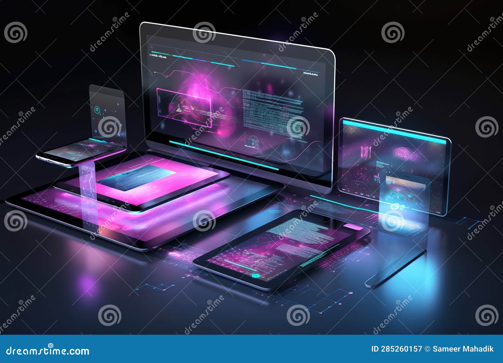 Technological Image of Devices with Purple and Blue Screen and Black ...