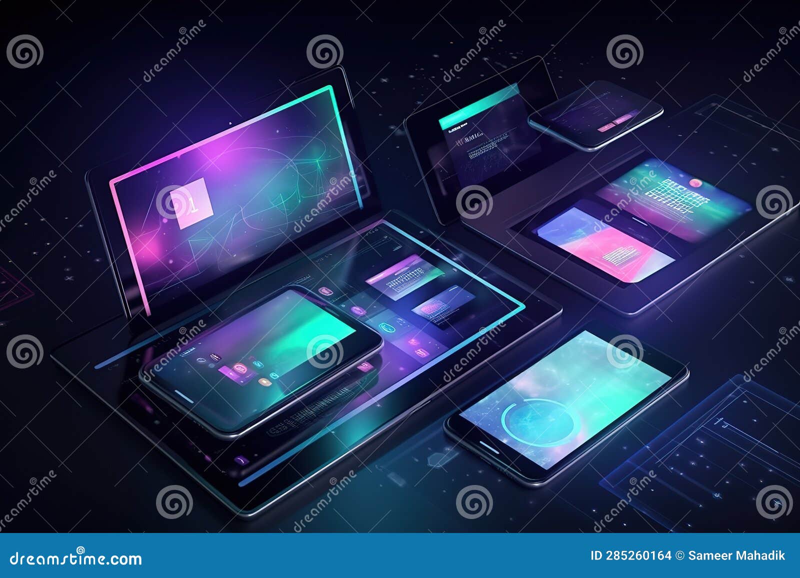 Technological Image of Devices with Purple and Blue Screen and Black ...