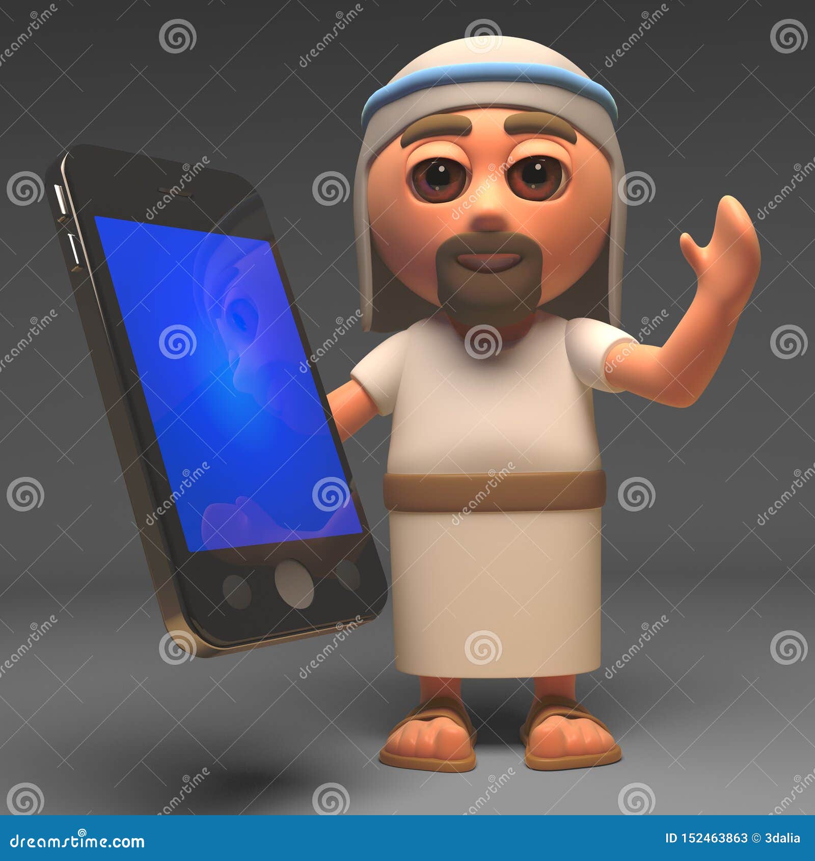 Technological Jesus Christ Using a Smartphone Tablet Device, 3d ...