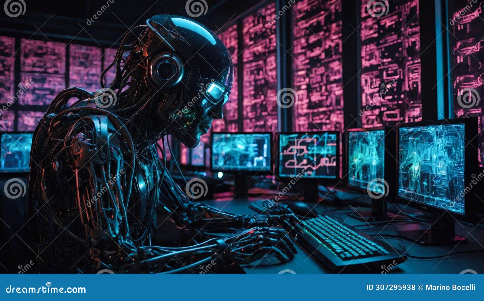 Technological Metallic Humanoid in a Server Room Working on Computer ...