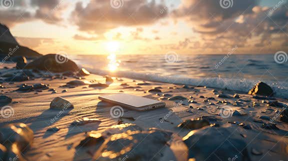 Technological Oasis: Laptop Computer Embraces Sandy Shore Stock Photo ...