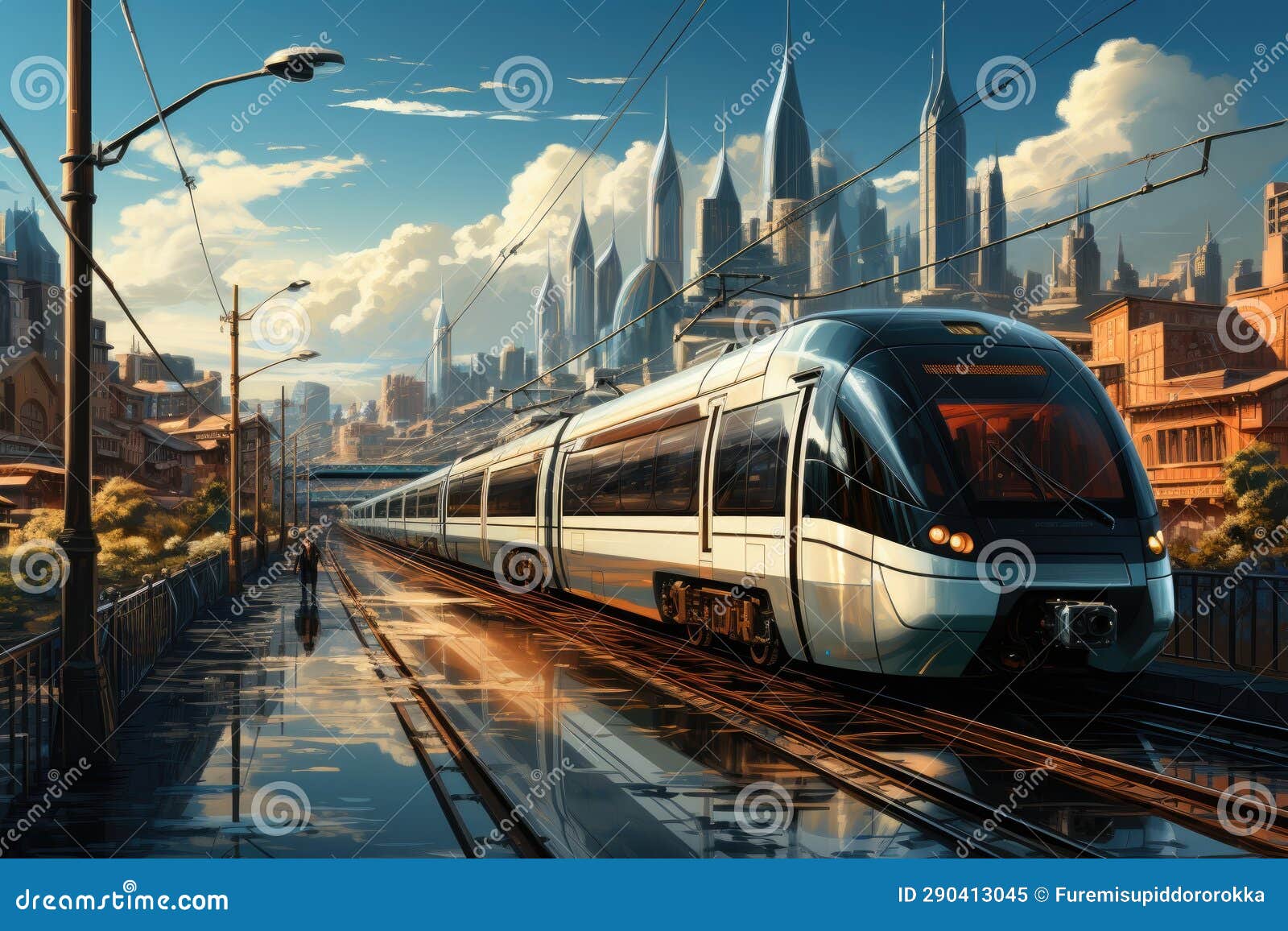A Technological Urban Landscape with a High-speed Train Crossing a ...