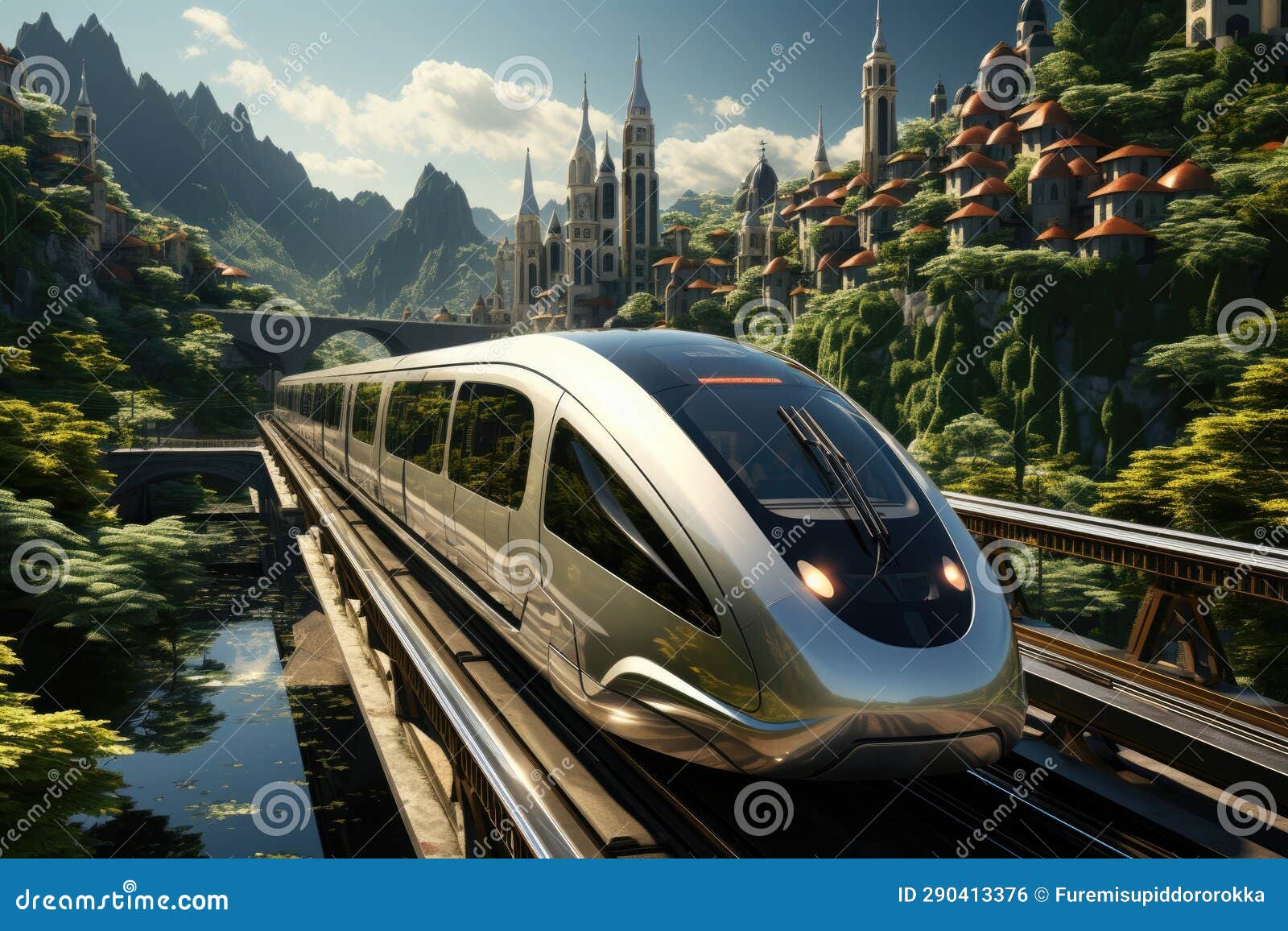 A Technological Urban Landscape with a High-speed Train Crossing a ...