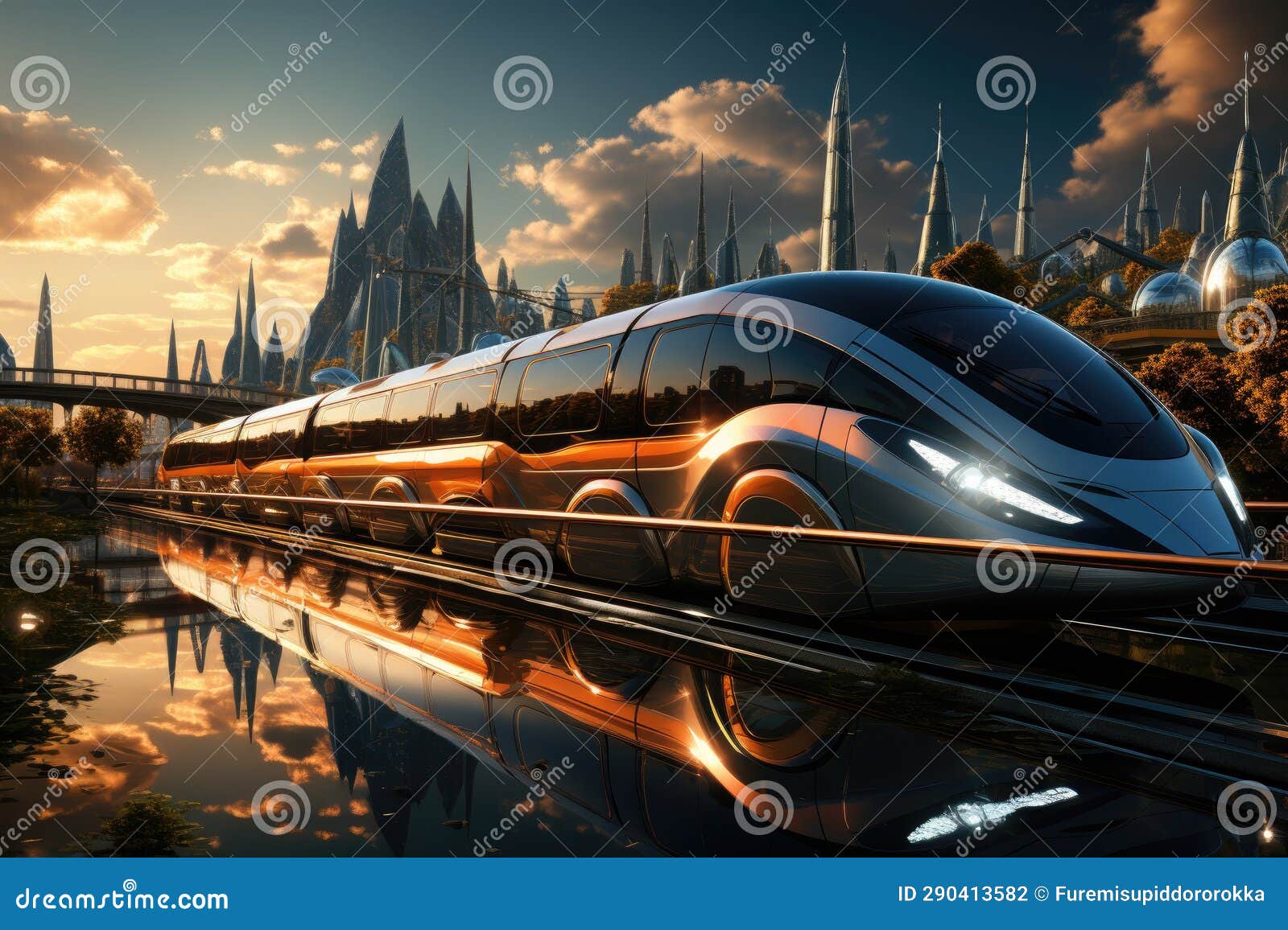 A Technological Urban Landscape with a High-speed Train Crossing a ...