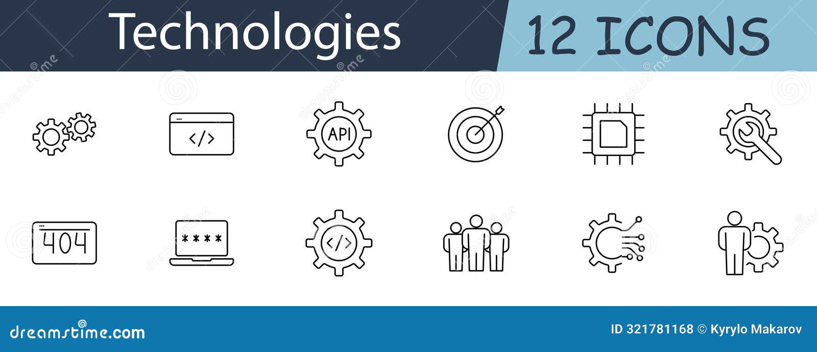 Technologies Set Icon. Includes Coding, API, Gears, Computer, and ...