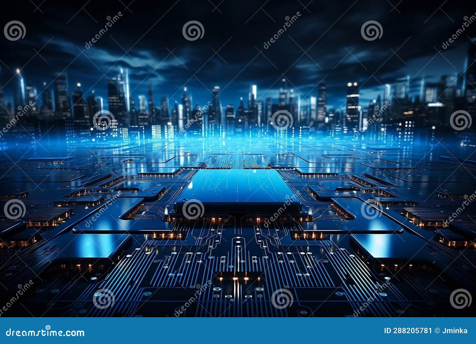 Technology Background with Microchip and City Buildings Stock ...