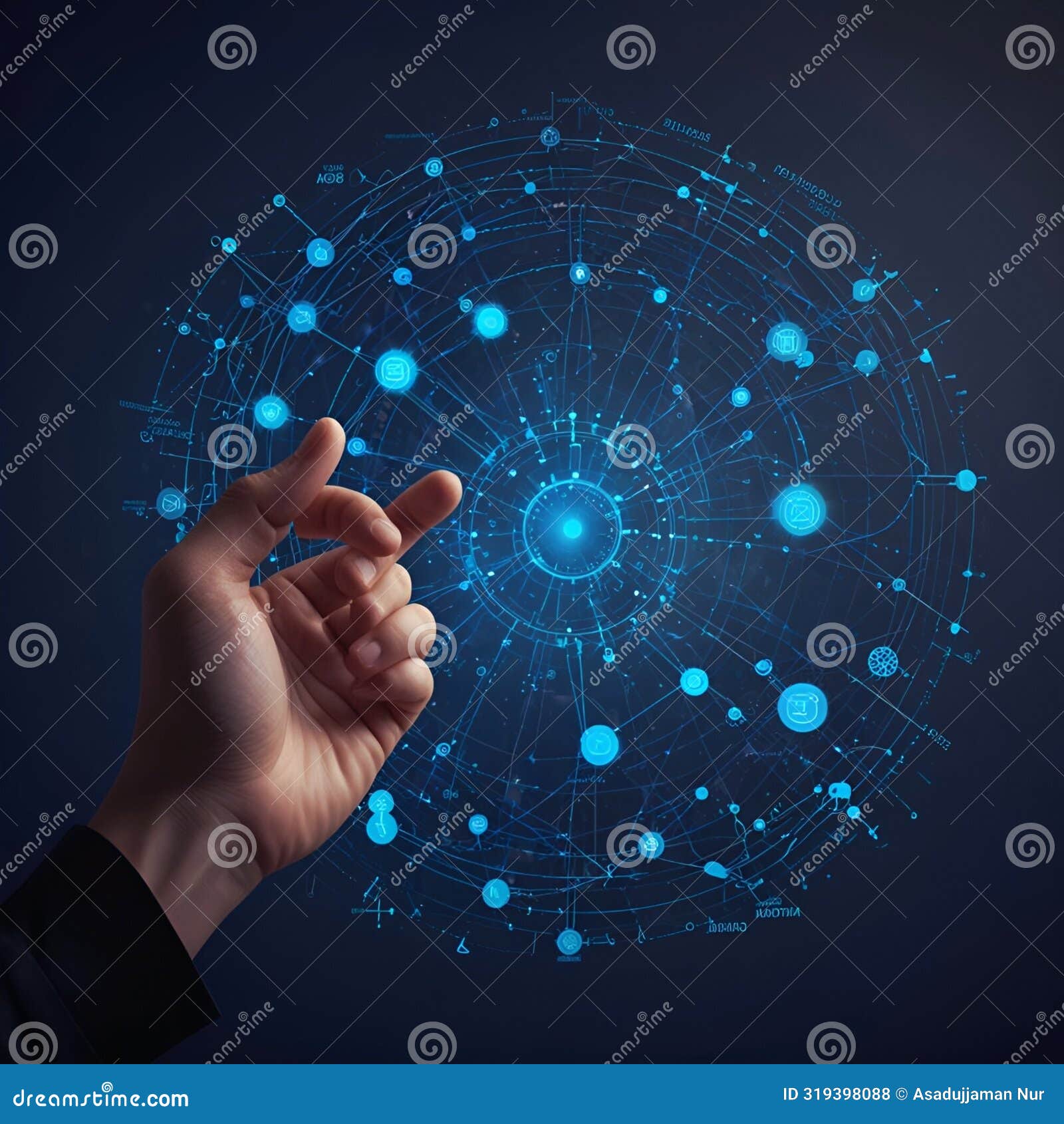 Technology Abstract Background with Person Hand Touching Complex Stock ...