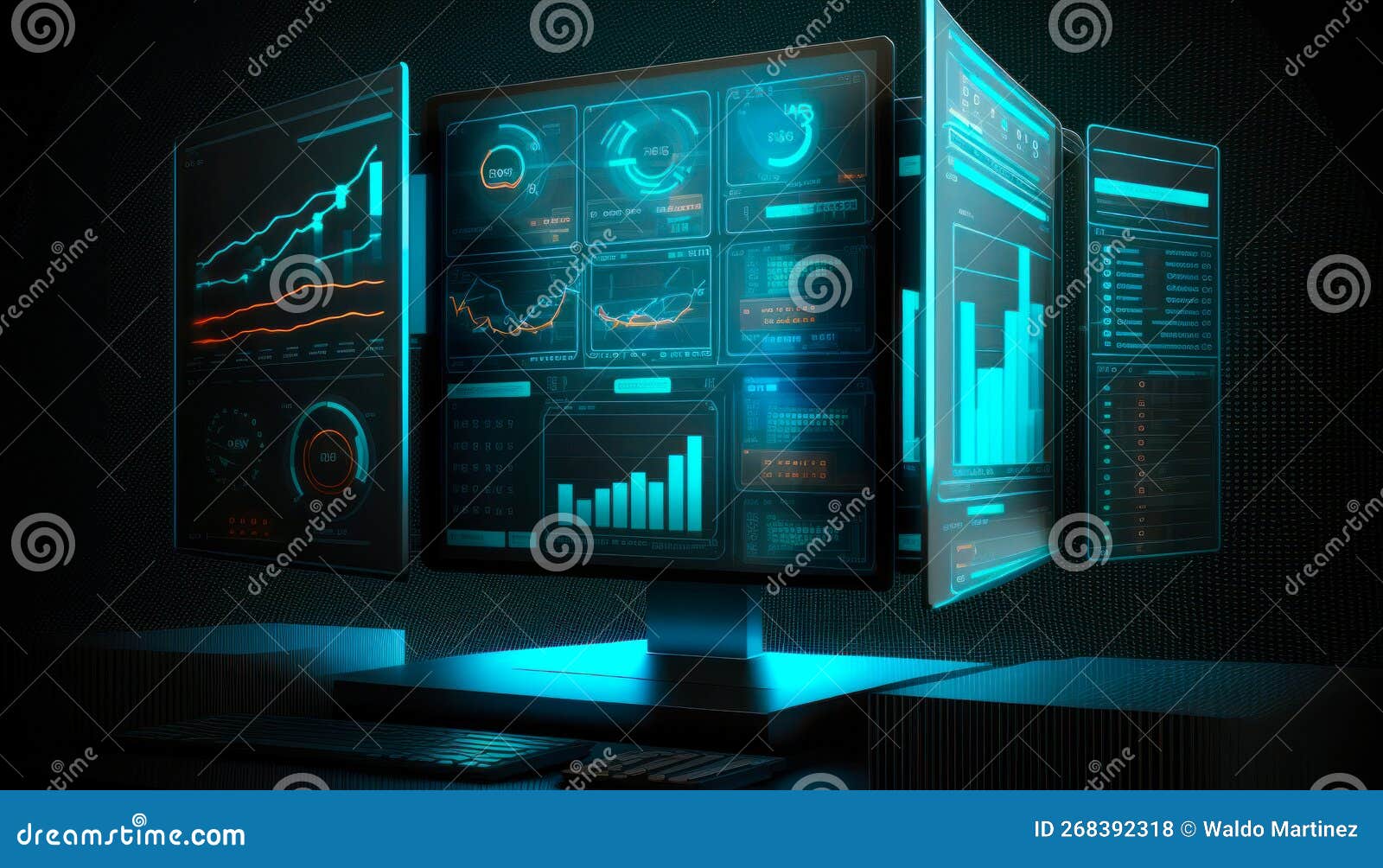 Desktop Computer Tech Analysis Multiple Monitors. Generative AI Stock ...