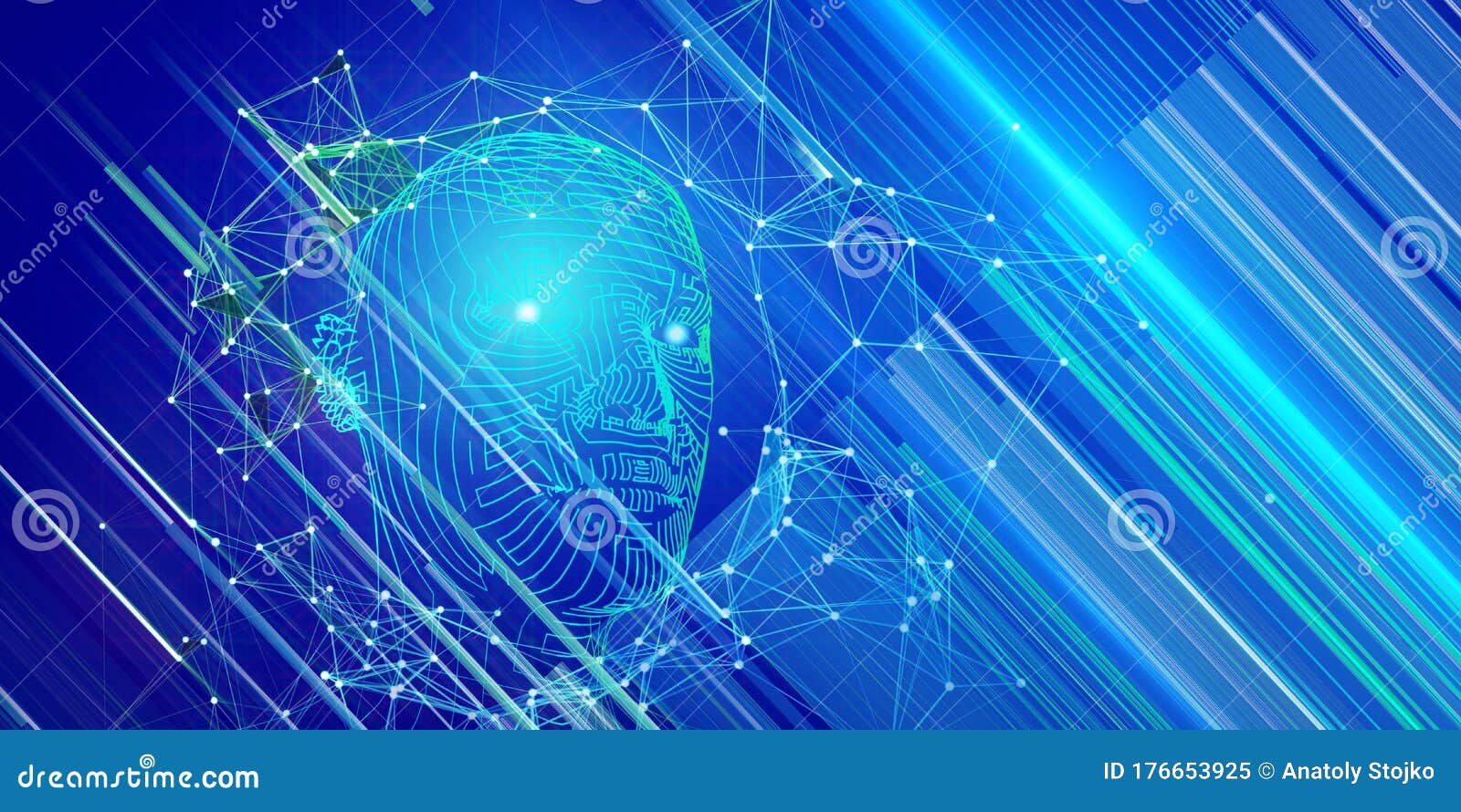 Technology Background of 3d Grid Head with Blurred Lines on Blue. AI ...