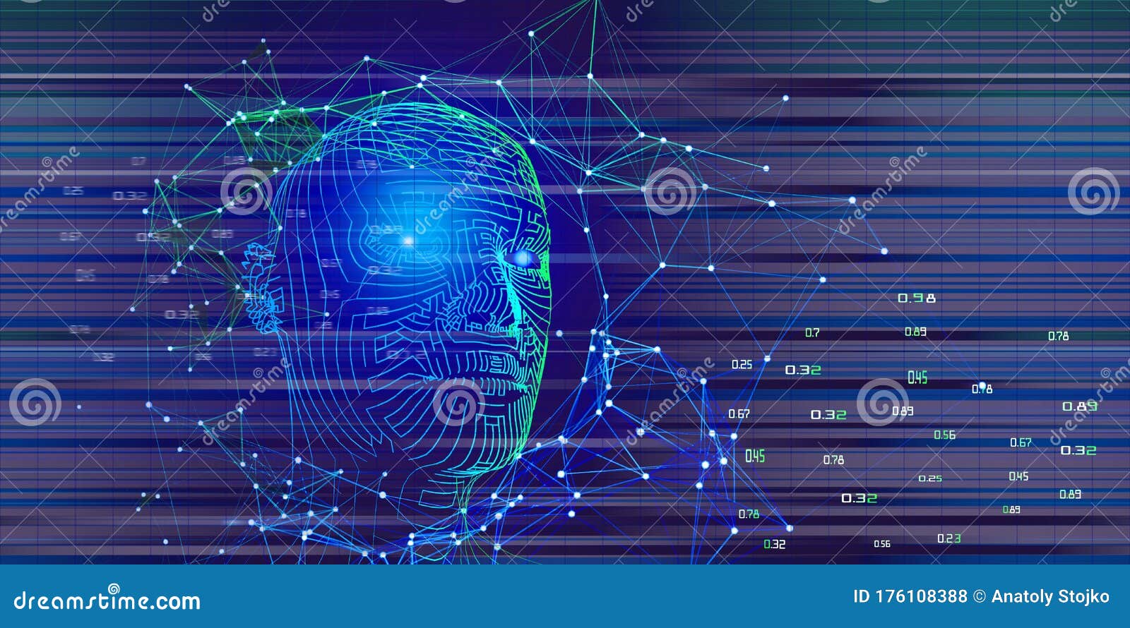 Technology Background of 3d Grid Head with Blurred Lines on Dark ...