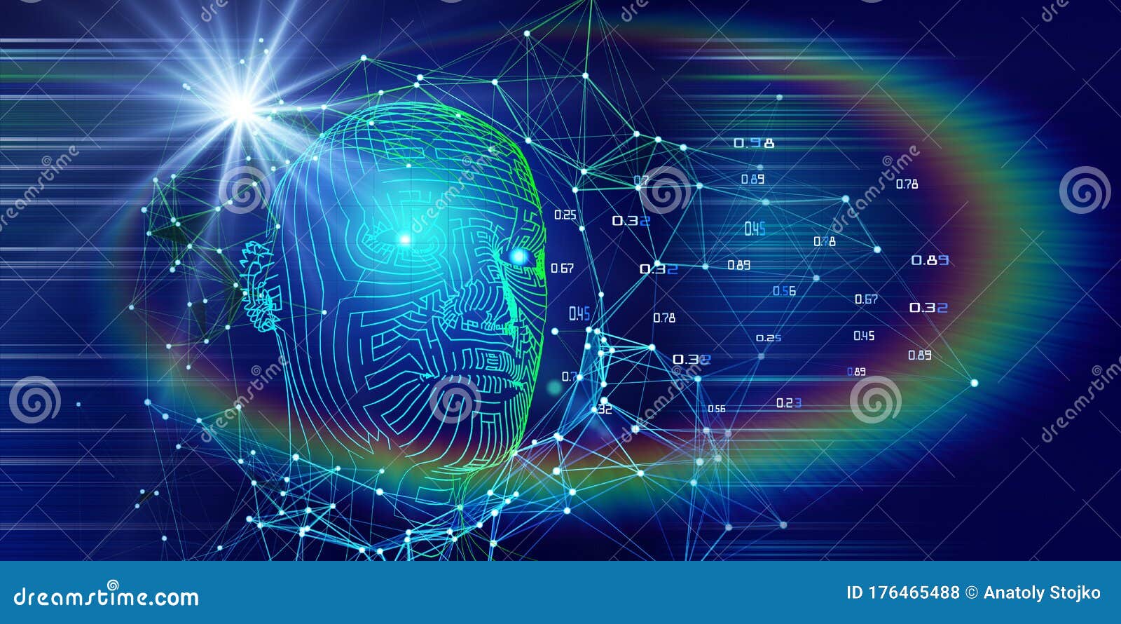 Technology Background of 3d Wireframe Head with Blurred Lines and Lens ...
