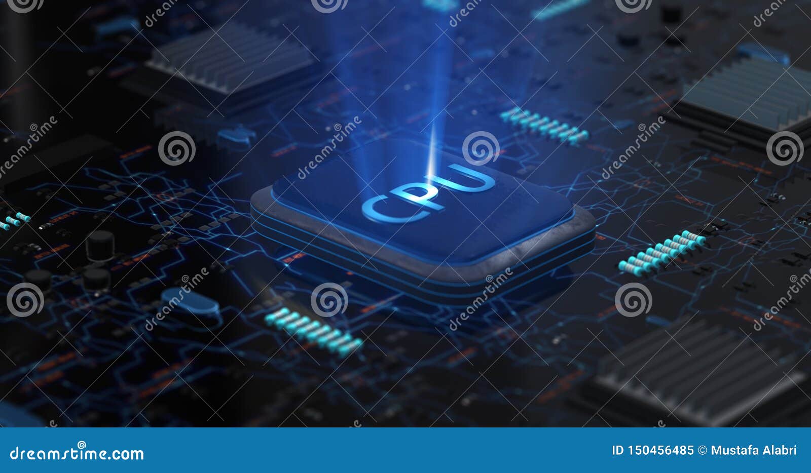Technology Background. a Glowing CPU on a Motherboard Stock ...
