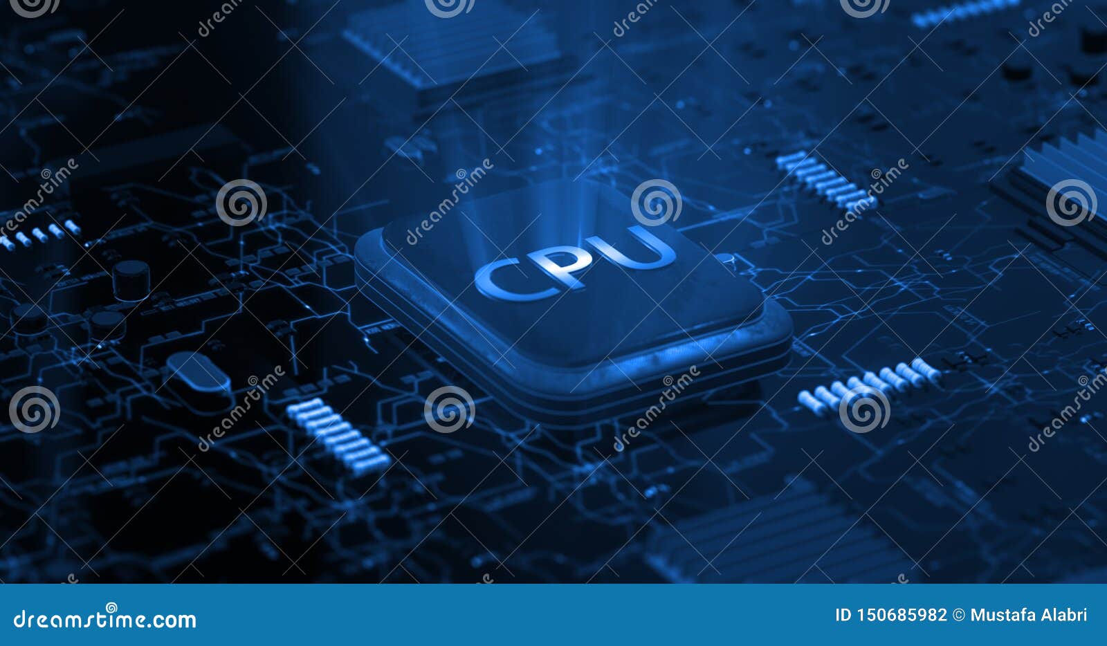 Technology Background. a Glowing CPU on a Motherboard. 3D Illustration ...