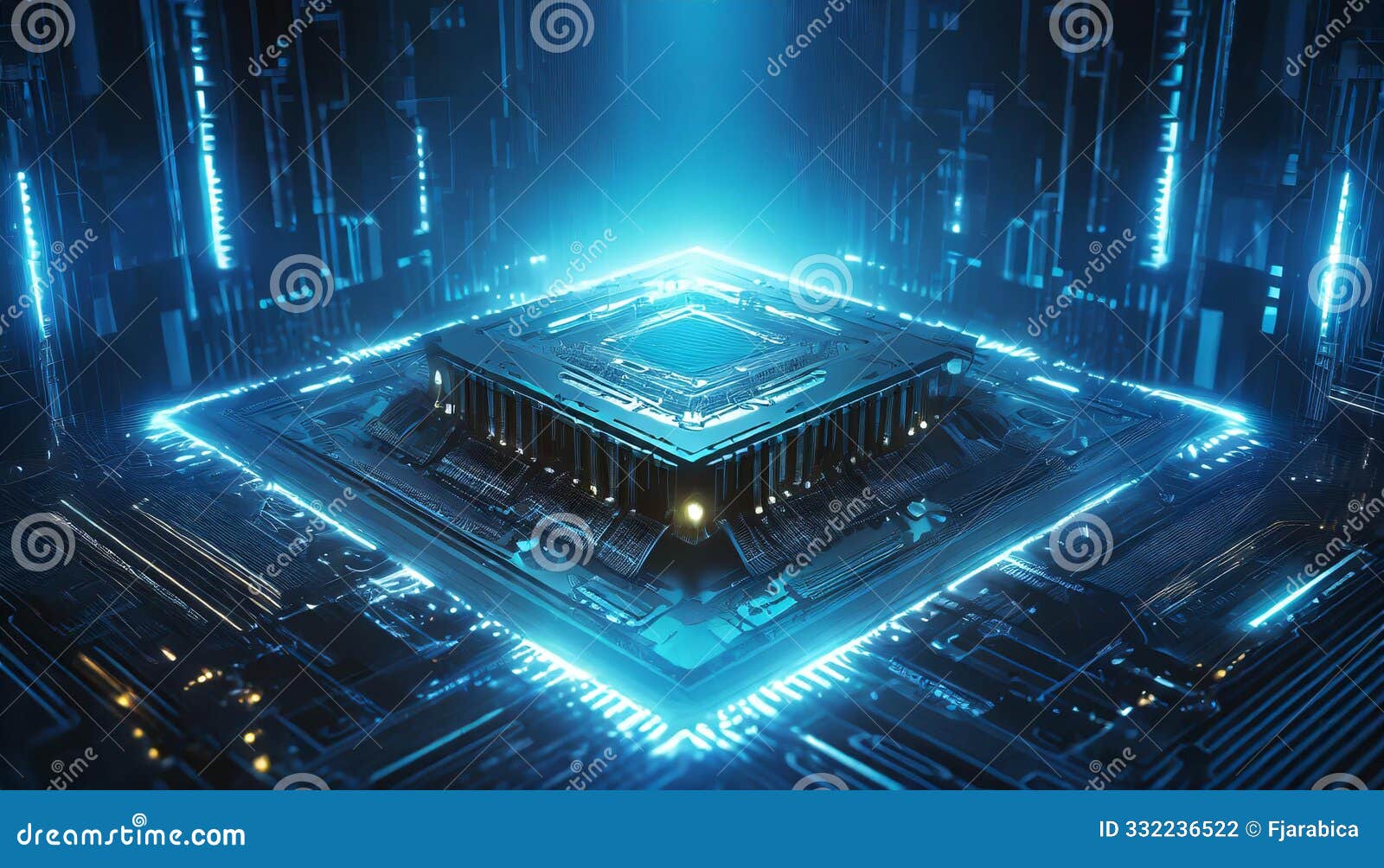 Technology Background with Processor and Blue Light Stock Illustration ...