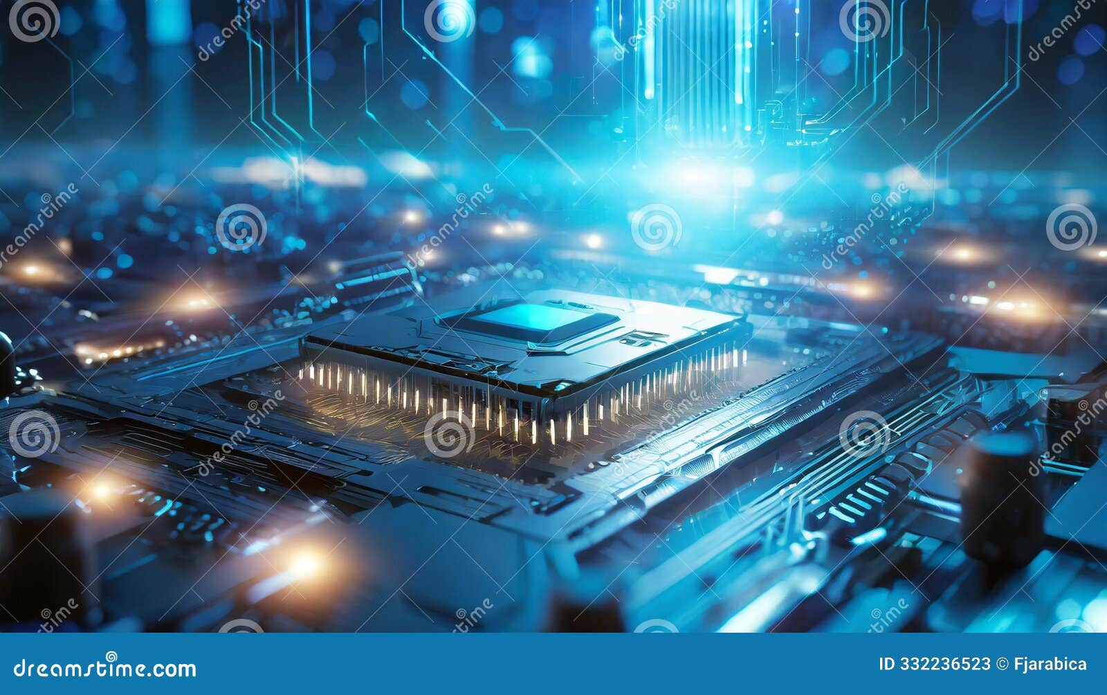 Technology Background with Processor and Blue Light Stock Illustration ...