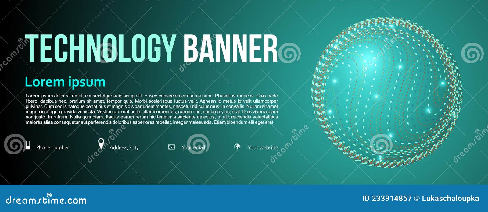 Technology Banner with Spotted Particle Sphere, Ball and Light on Cyan ...