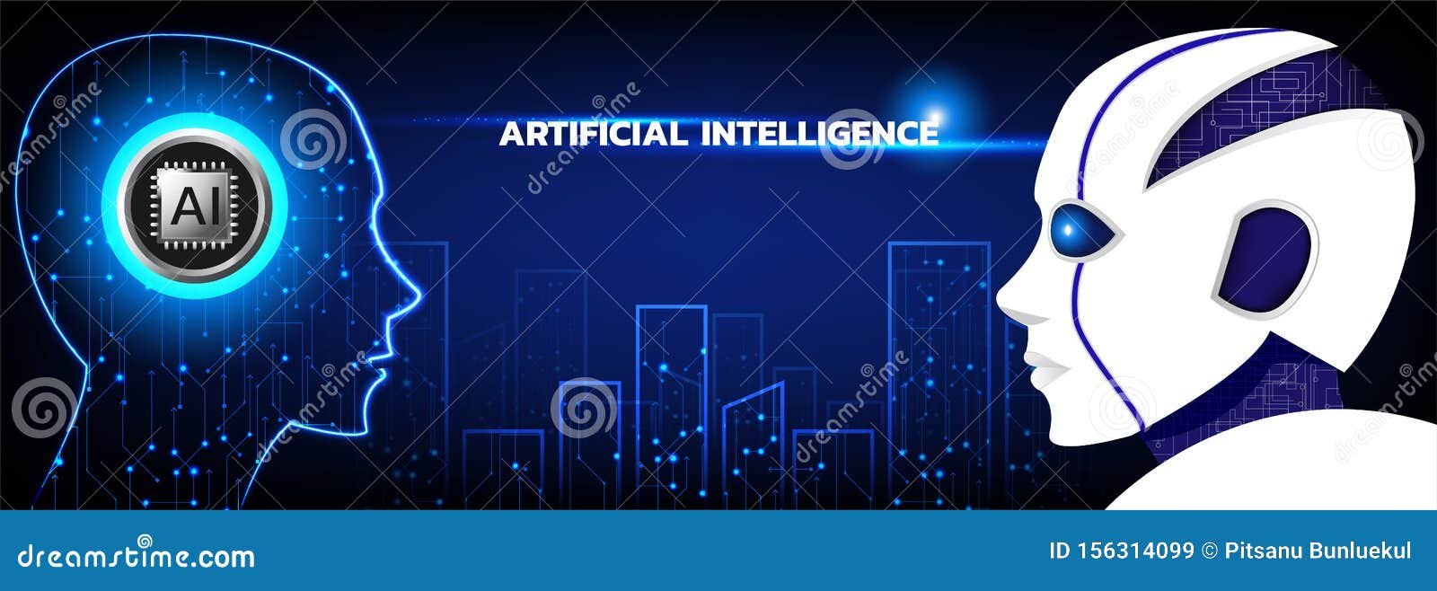 Technology Banner Template, Microchip with Head Figure and Robot on ...