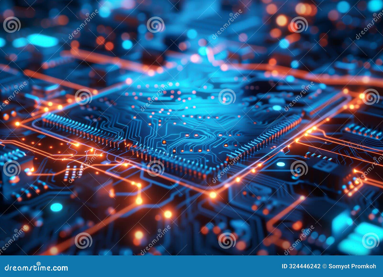 Technology Blue Neon Lines Abstract Background Microchip Format ...