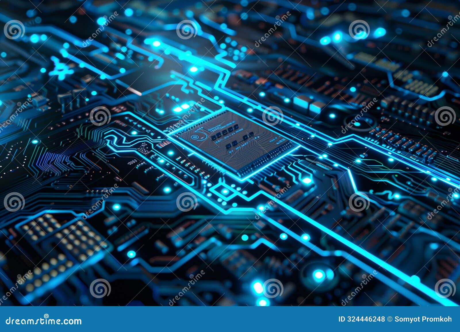 Technology Blue Neon Lines Abstract Background Microchip Format ...