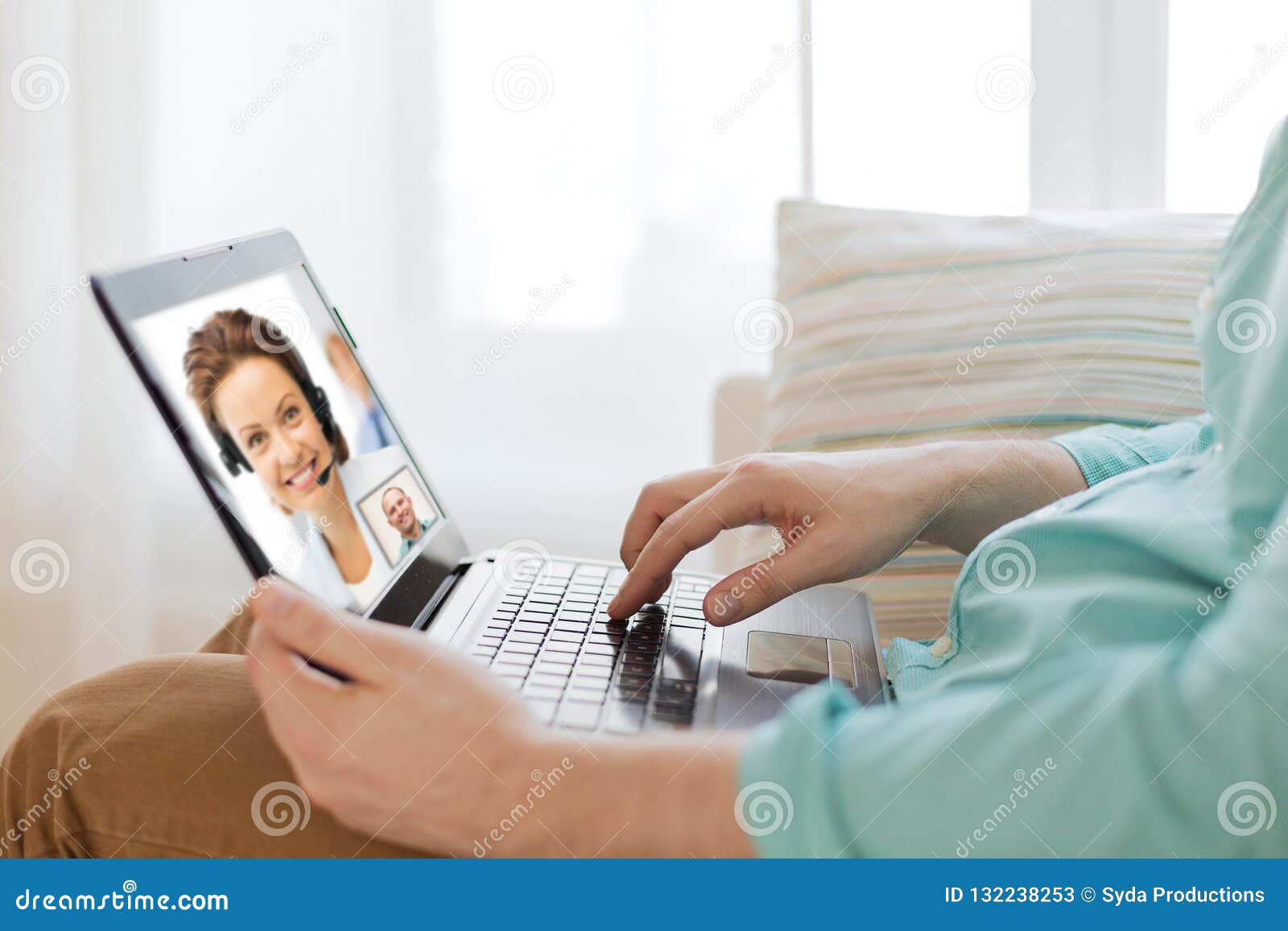 Man Having Video Call with Helpline Operator Stock Image - Image of ...