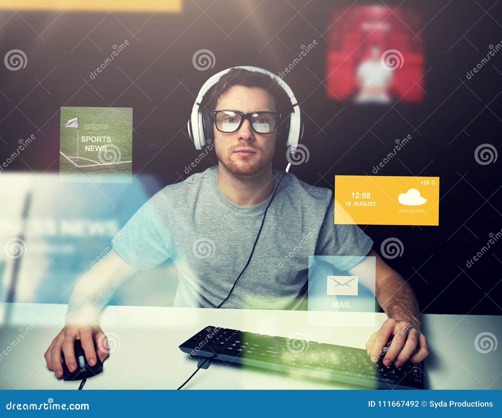 Man in Headset Computer Over Virtual Media Screens Stock Photo - Image ...