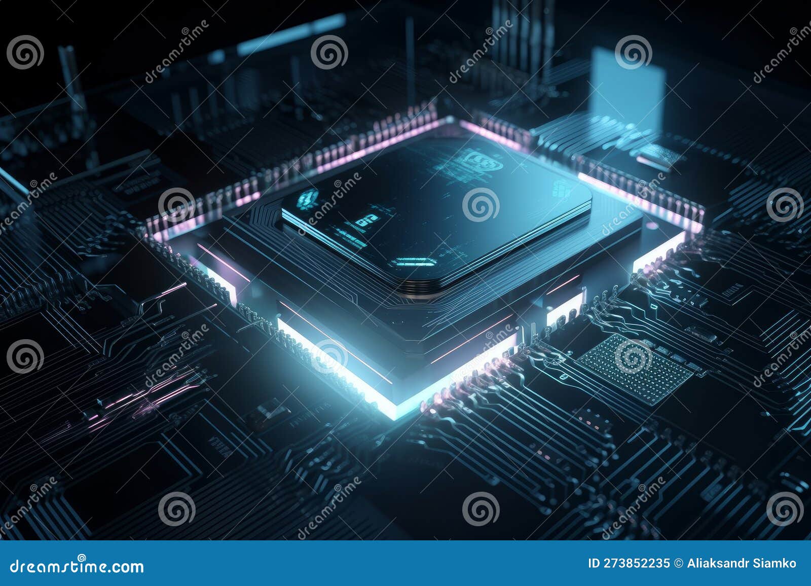 Technology Concept a Microchip. White Neon Data Flows between the CPU ...