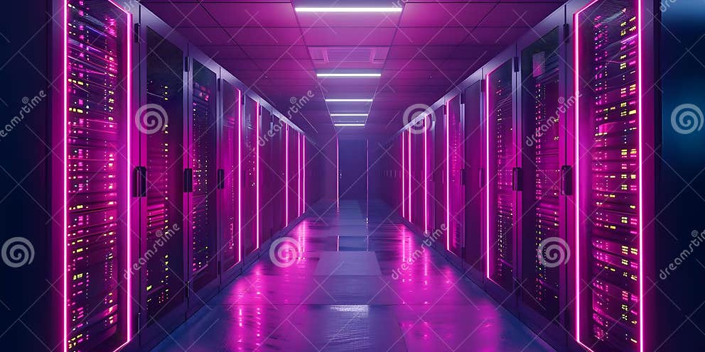 Technology Concept with Operational Server Racks in Dark Neonlit Data ...