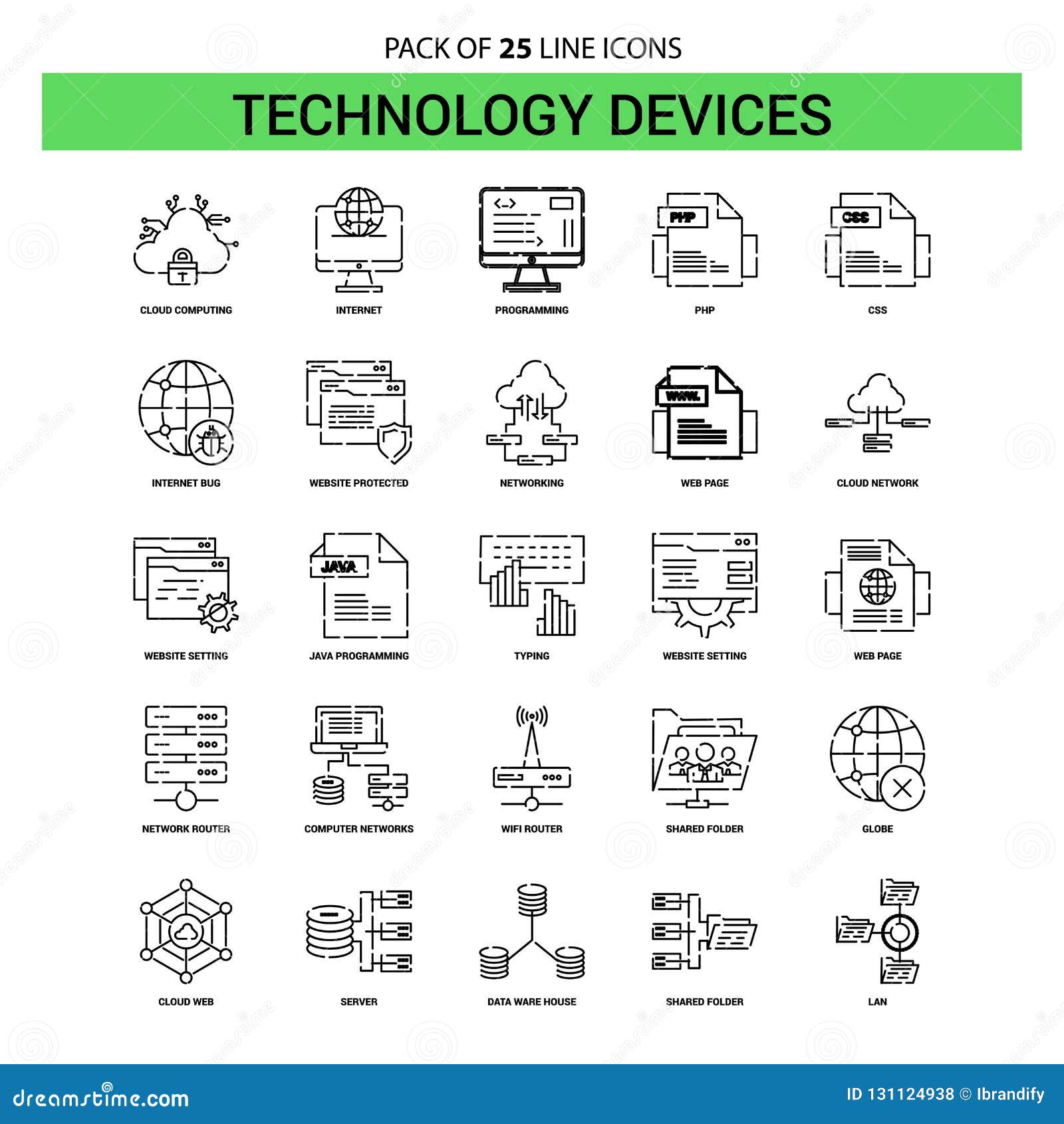 Technology Device Line Icon Set - 25 Dashed Outline Style Stock Vector ...