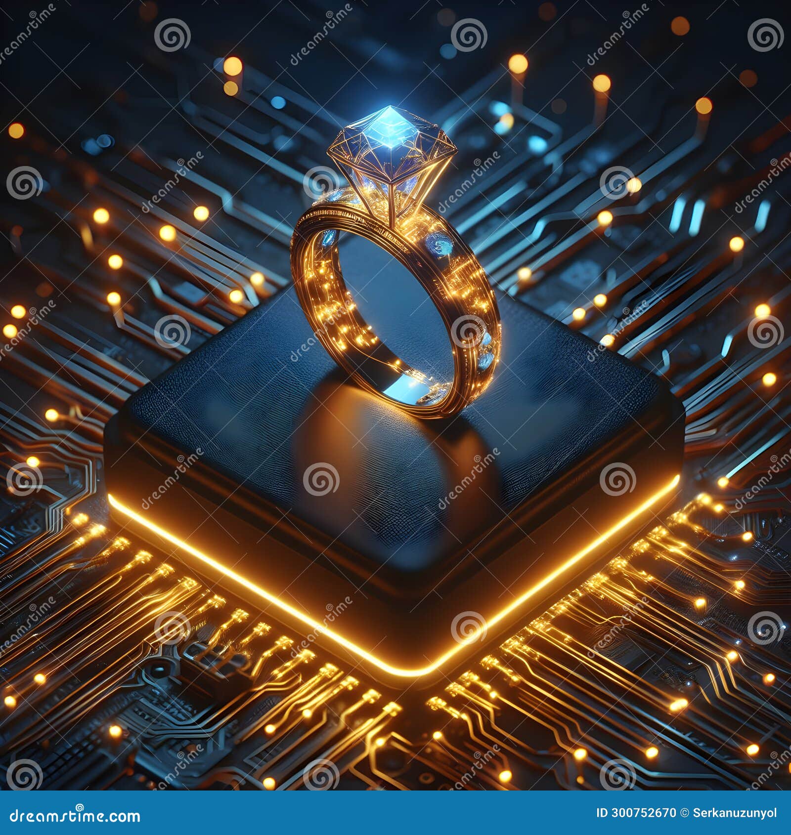 Technology and Diamond Gem, Ring Concept. Digital Jewelery, Blue ...